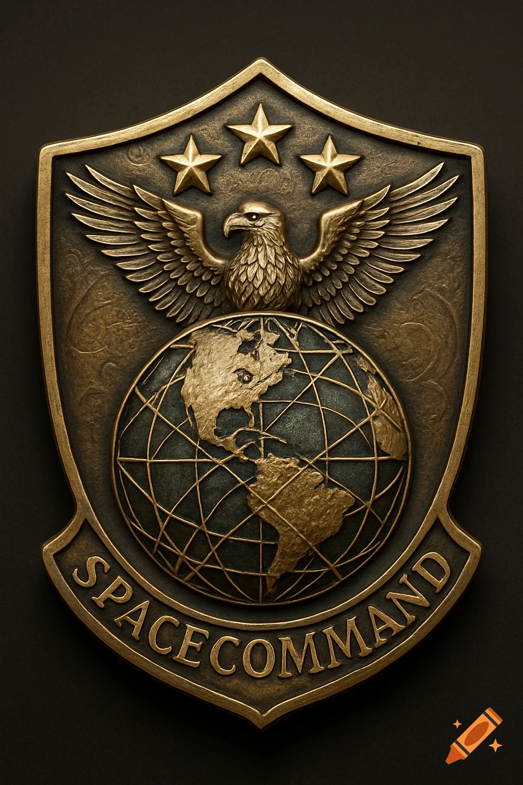 A bronze military shield emblem featuring an eagle with spread wings ...