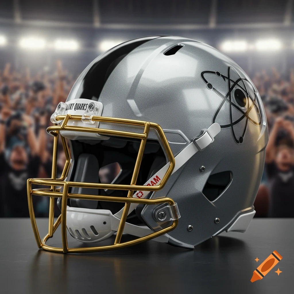 A photorealistic metallic platinum football helmet with a black stripe ...