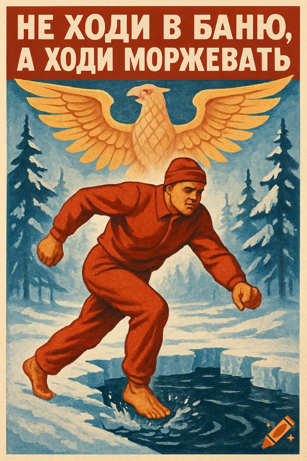 A Soviet-style propaganda poster shows a man in red running barefoot ...