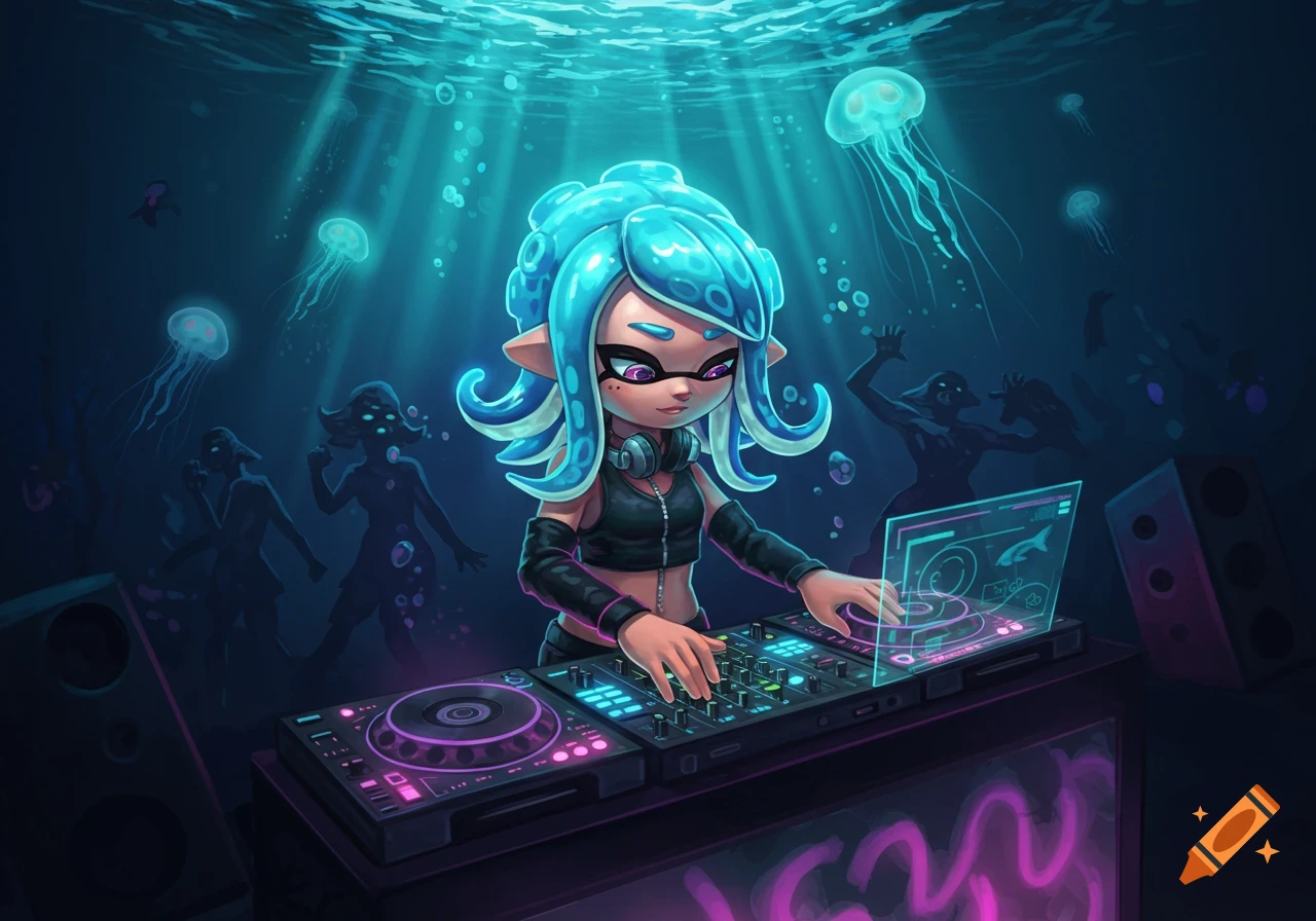 An anime-style character resembling Dedf1sh from Splatoon, with glowing ...