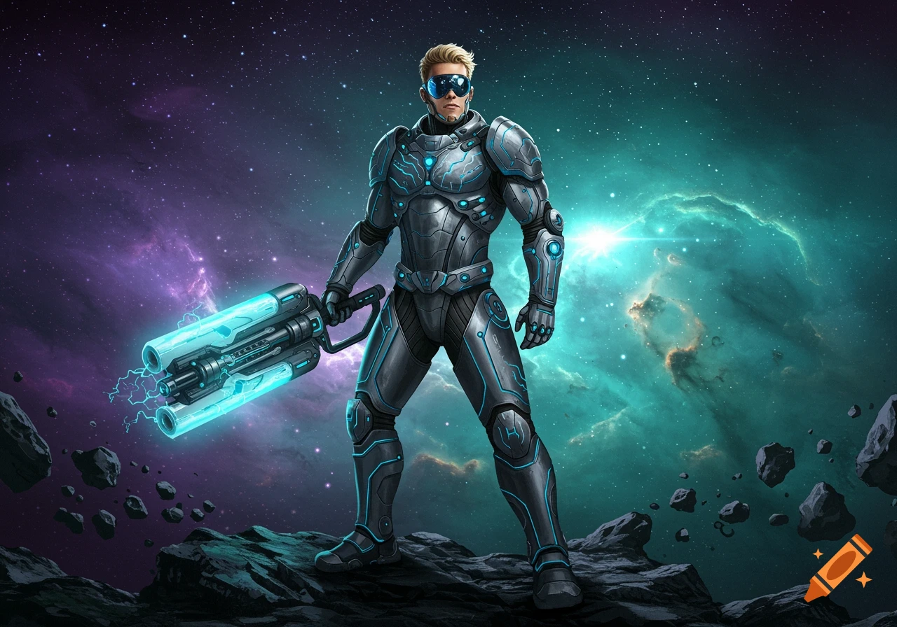 A heavily armored silver robot with glowing blue eyes stands on a ...