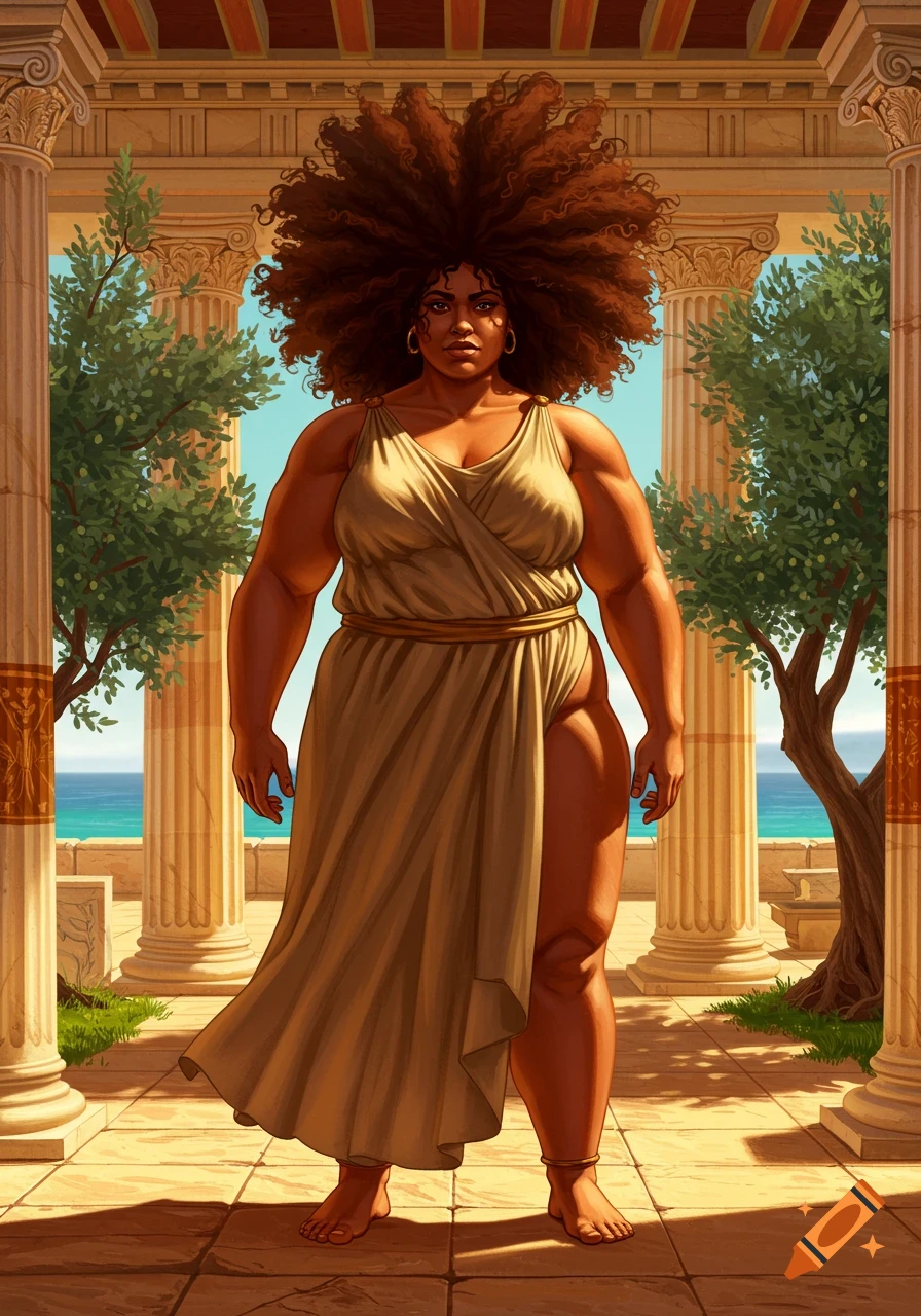 A powerful-looking woman with large afro-textured hair in a draped gown ...