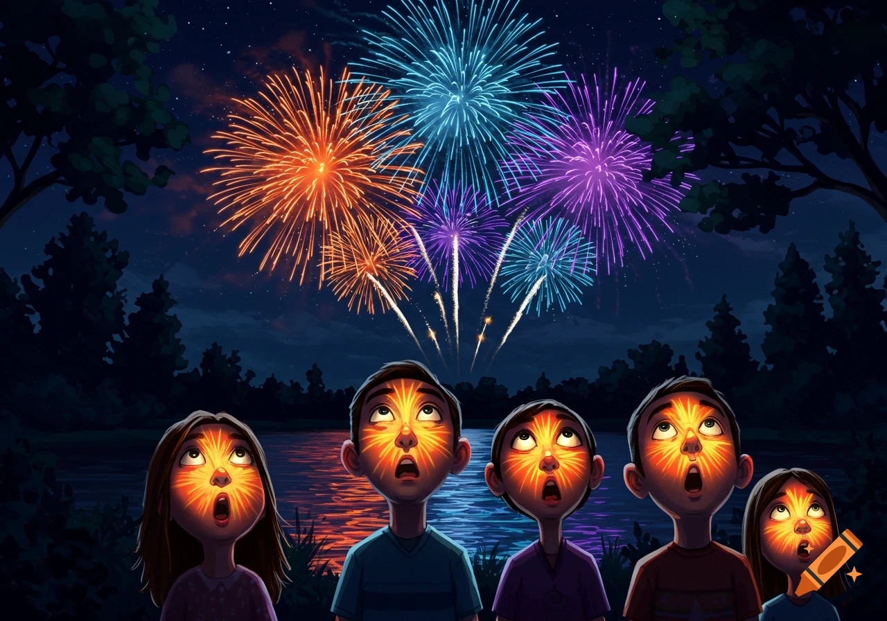 Children look up at colorful fireworks bursting over a dark lake at ...