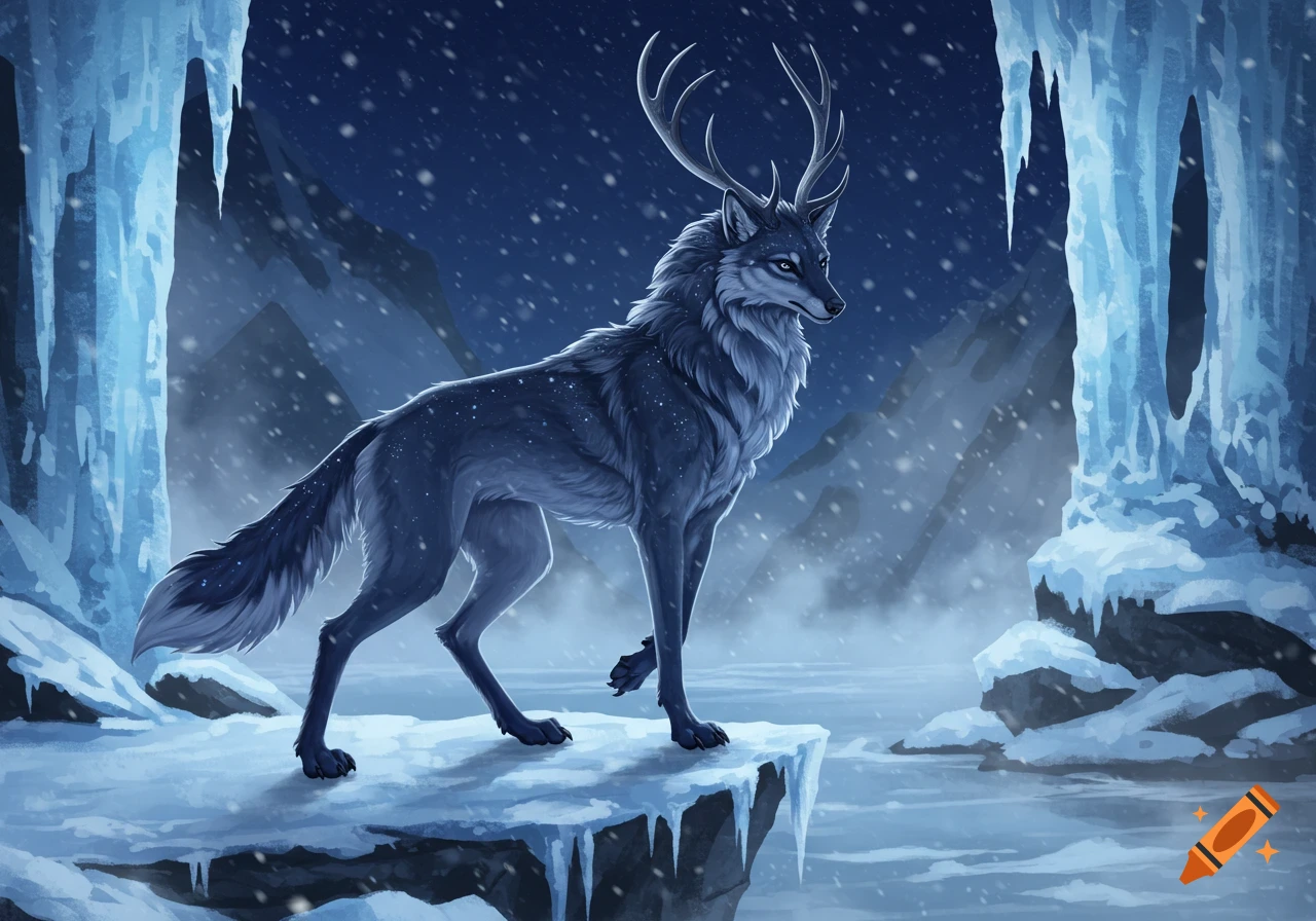 A white wolf-like creature with green holly markings and clear fairy ...