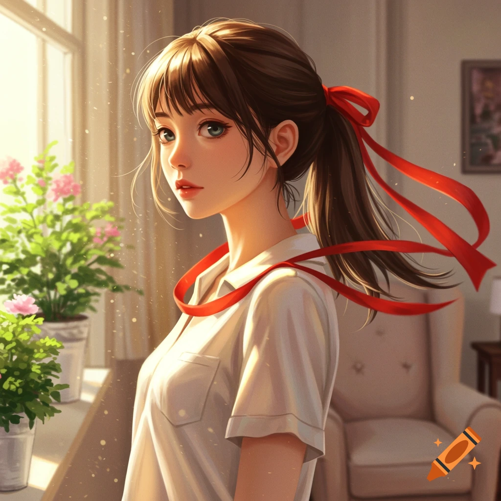 An anime-style portrait of a young woman with brown hair in a ponytail ...