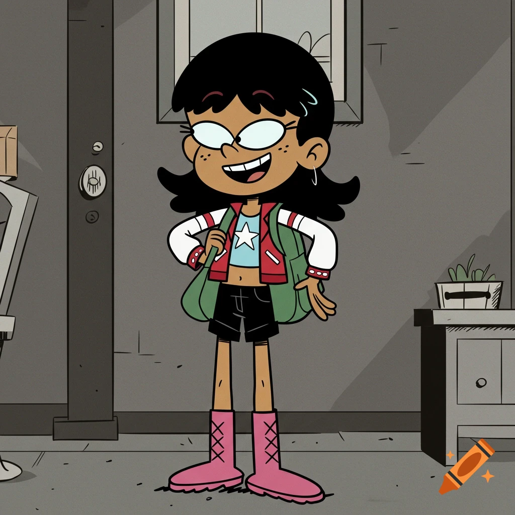 Stella Zhau from The Loud House stands smiling, wearing a crop top, jacket, shorts, and pink ...