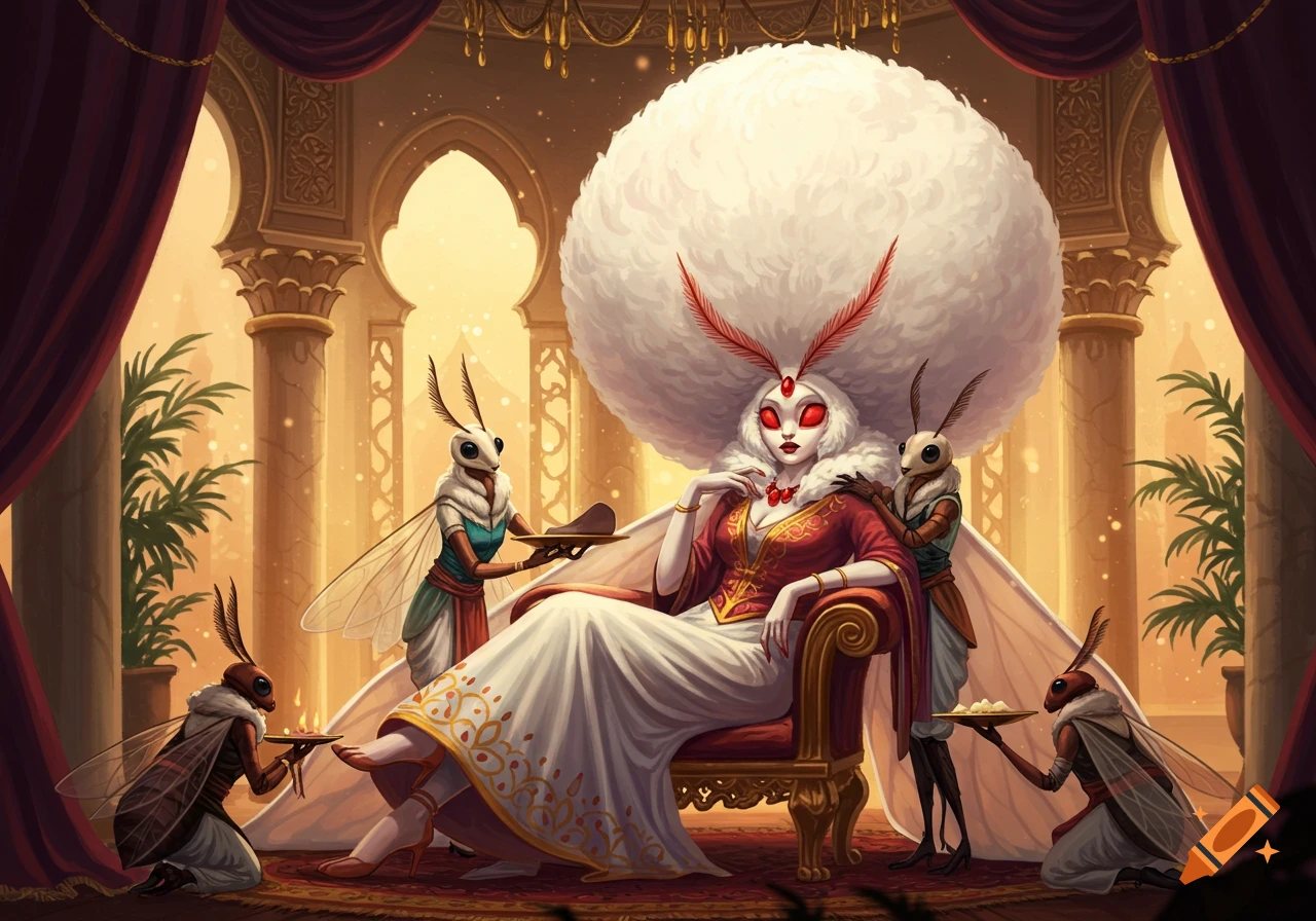 An anthropomorphic albino moth queen with a huge white afro sits on a ...