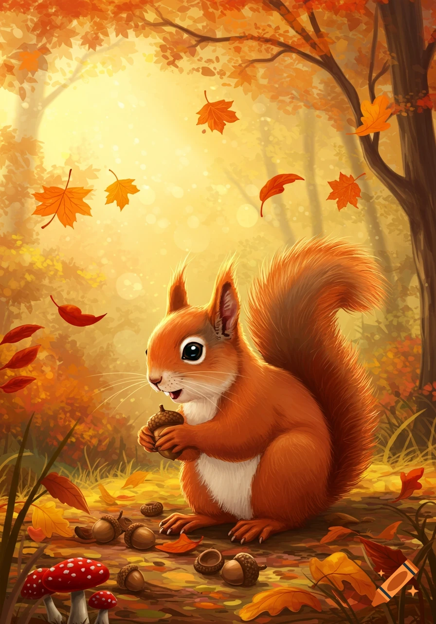 Photorealistic squirrel in an autumn forest with glowing dust ...