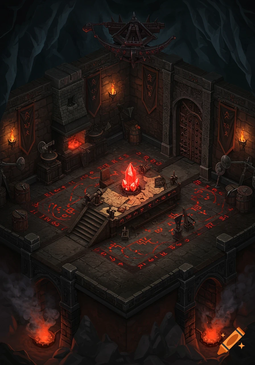 An isometric dark fantasy war room in an Underdark fortress with ...