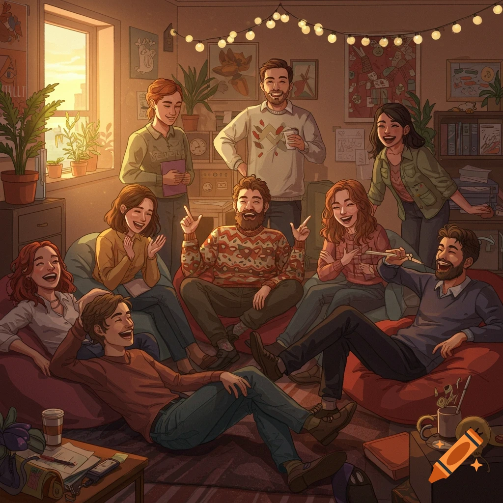 A diverse group of friends laughing and relaxing in a cozy, sunlit room ...