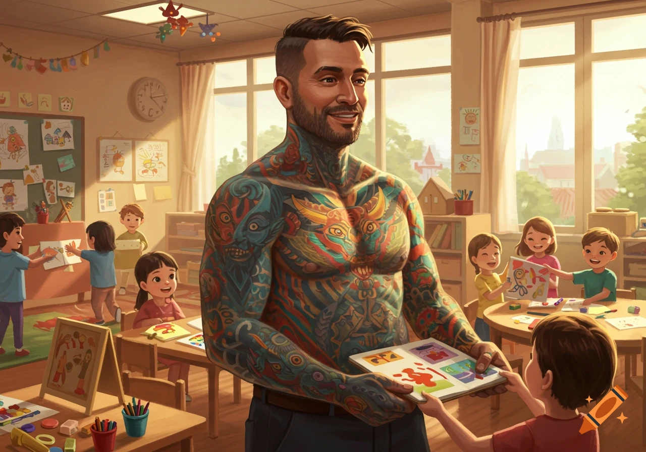 A smiling, heavily tattooed man holds up a picture for a child in a ...