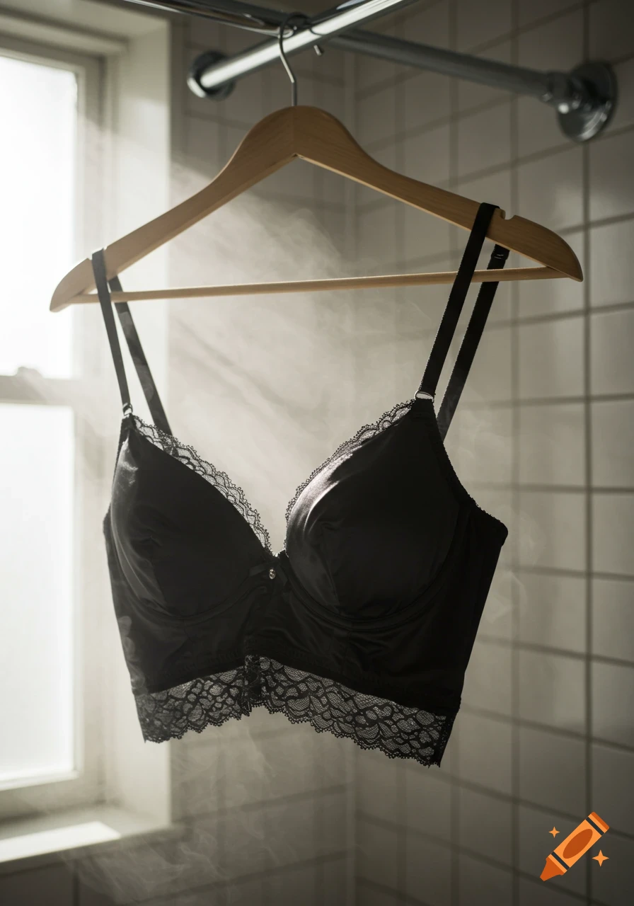 A black bra with lace trim hangs on a wooden hanger from a shower rod ...