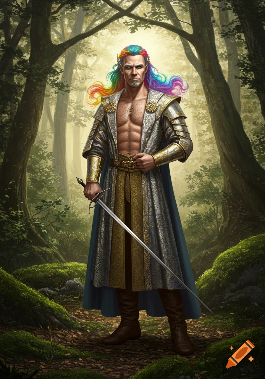 A tall fantasy man with rainbow hair wearing gold and silver robes and ...