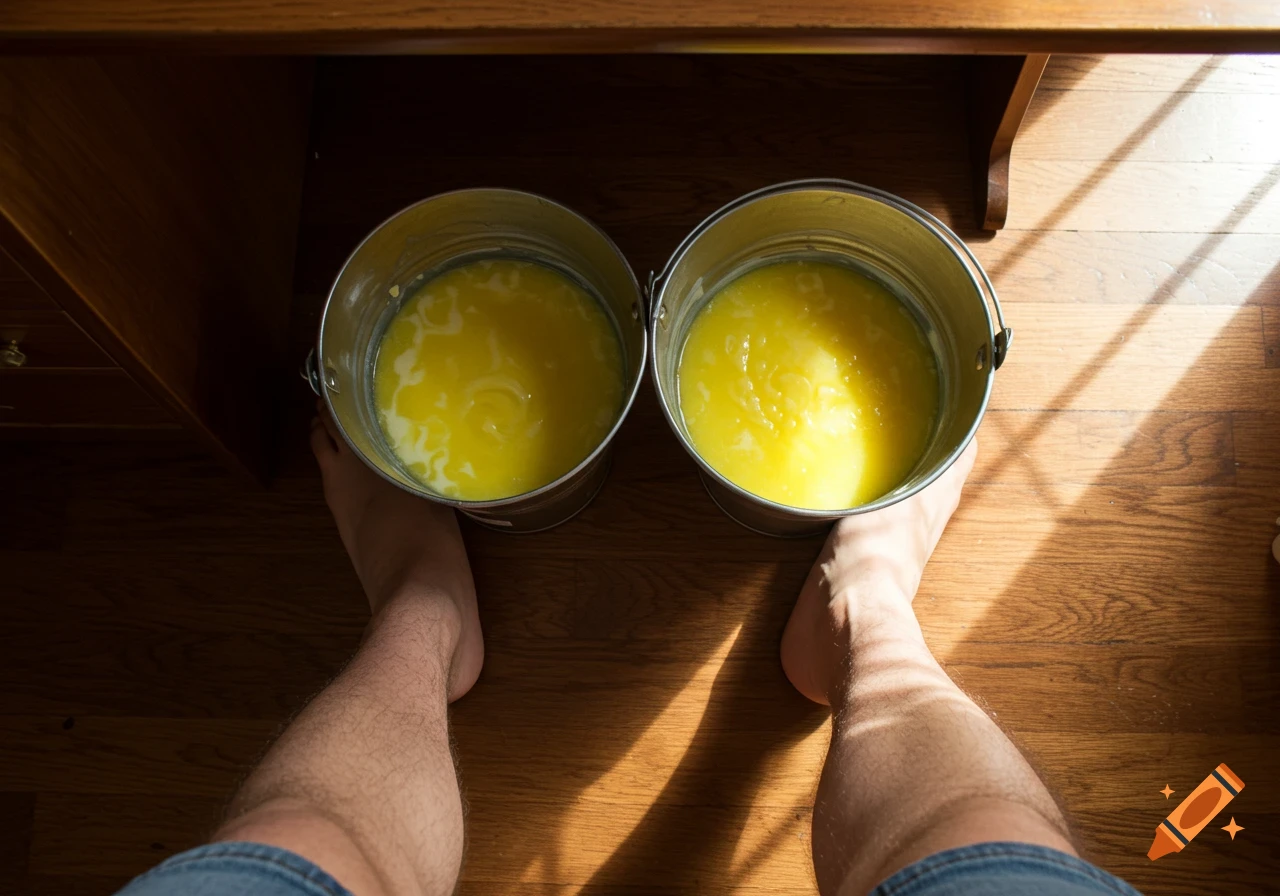 Photorealistic first-person view of bare feet submerged in two metal ...