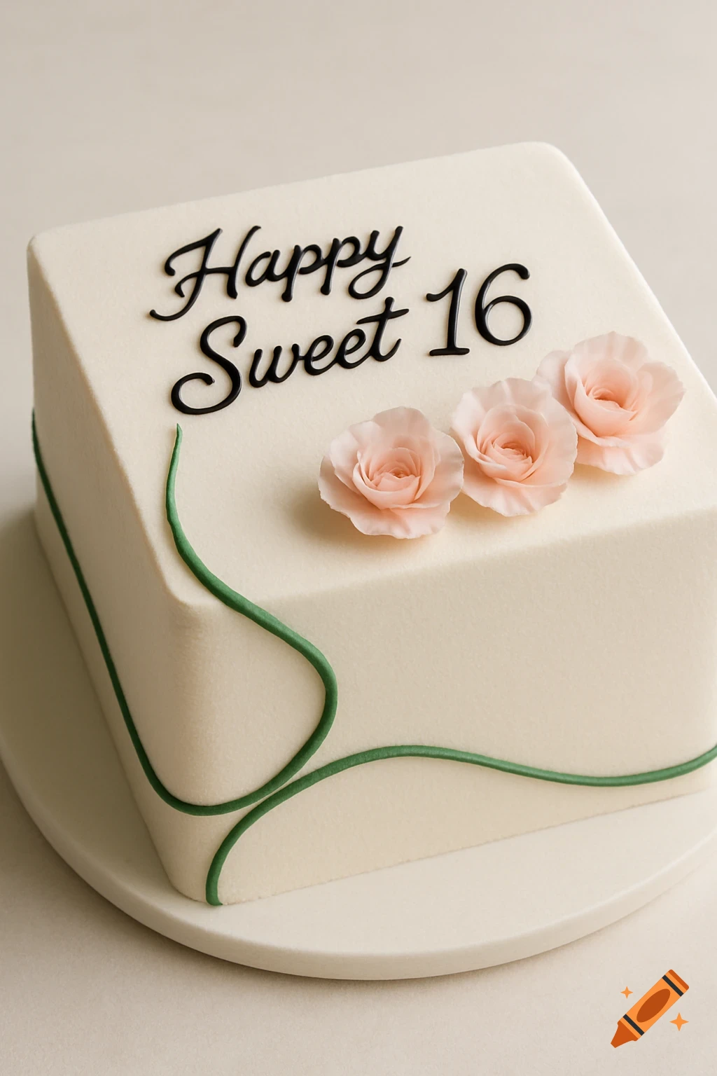 A white square cake with "Happy Sweet 16" in black script, three pink ...