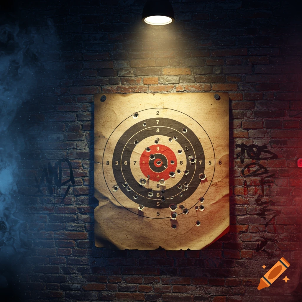 A close-up shot of a paper firing range target filled with bullet holes, illuminated by a ...