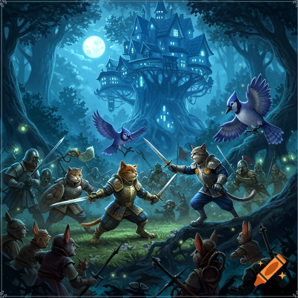 Fantasy warriors on a dark castle wall facing an army of creepy ...