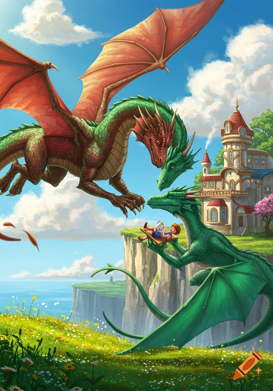 Two dragons, one red and green, the other green, interact on a cliff by ...