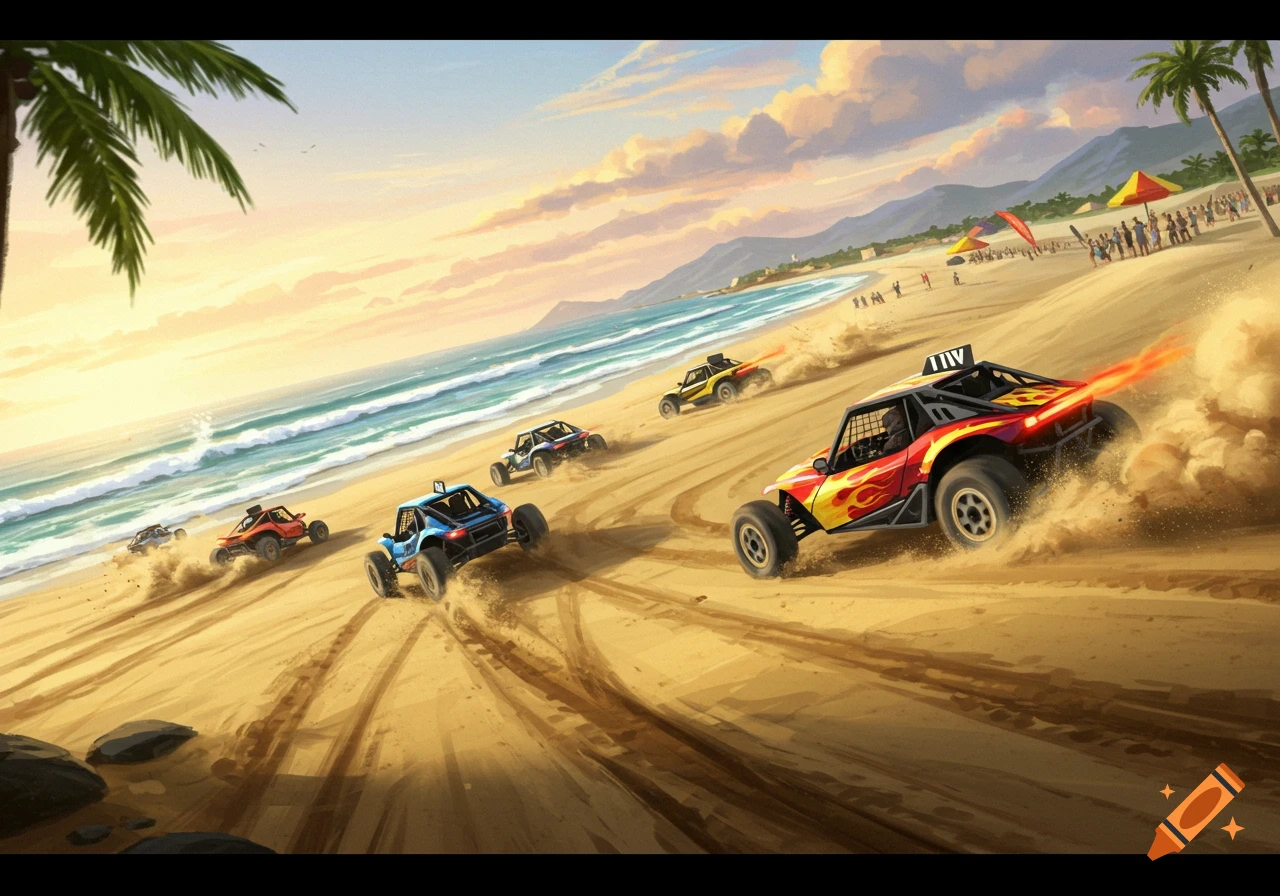 Dune buggies race along a sandy beach at sunset with waves crashing and ...