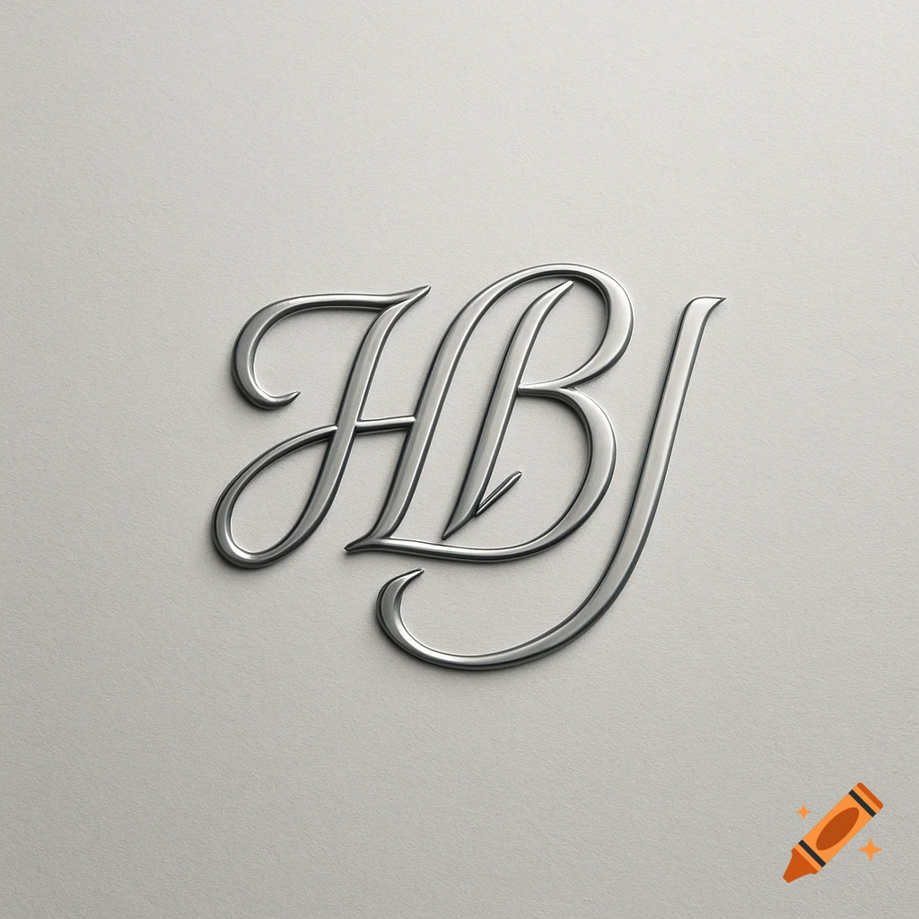 Shiny metallic script initials HBJ on a light gray background. on Craiyon