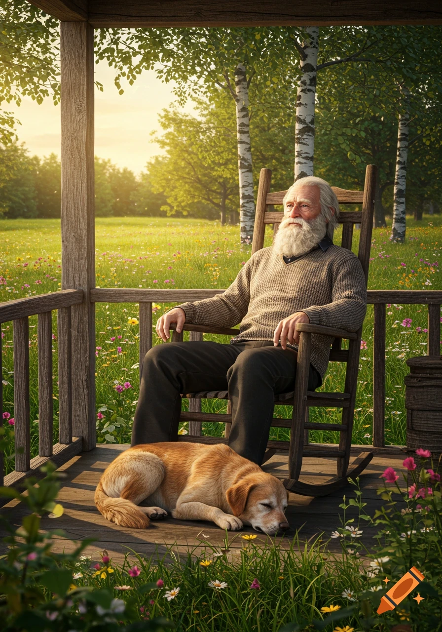 An elderly man with glasses and a cardigan sits in a rocking chair ...