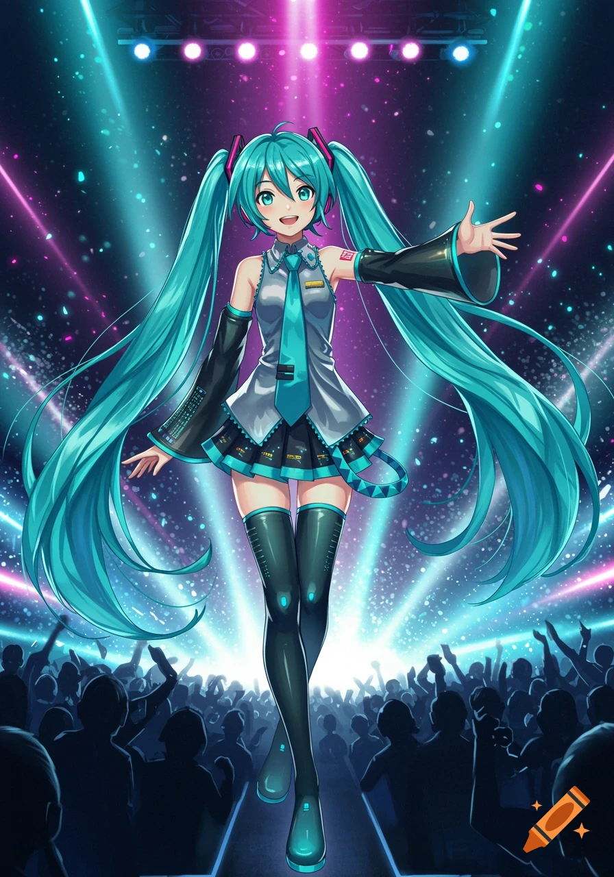 Hatsune Miku and Kagamine Len stand on a glowing stage amidst confetti ...