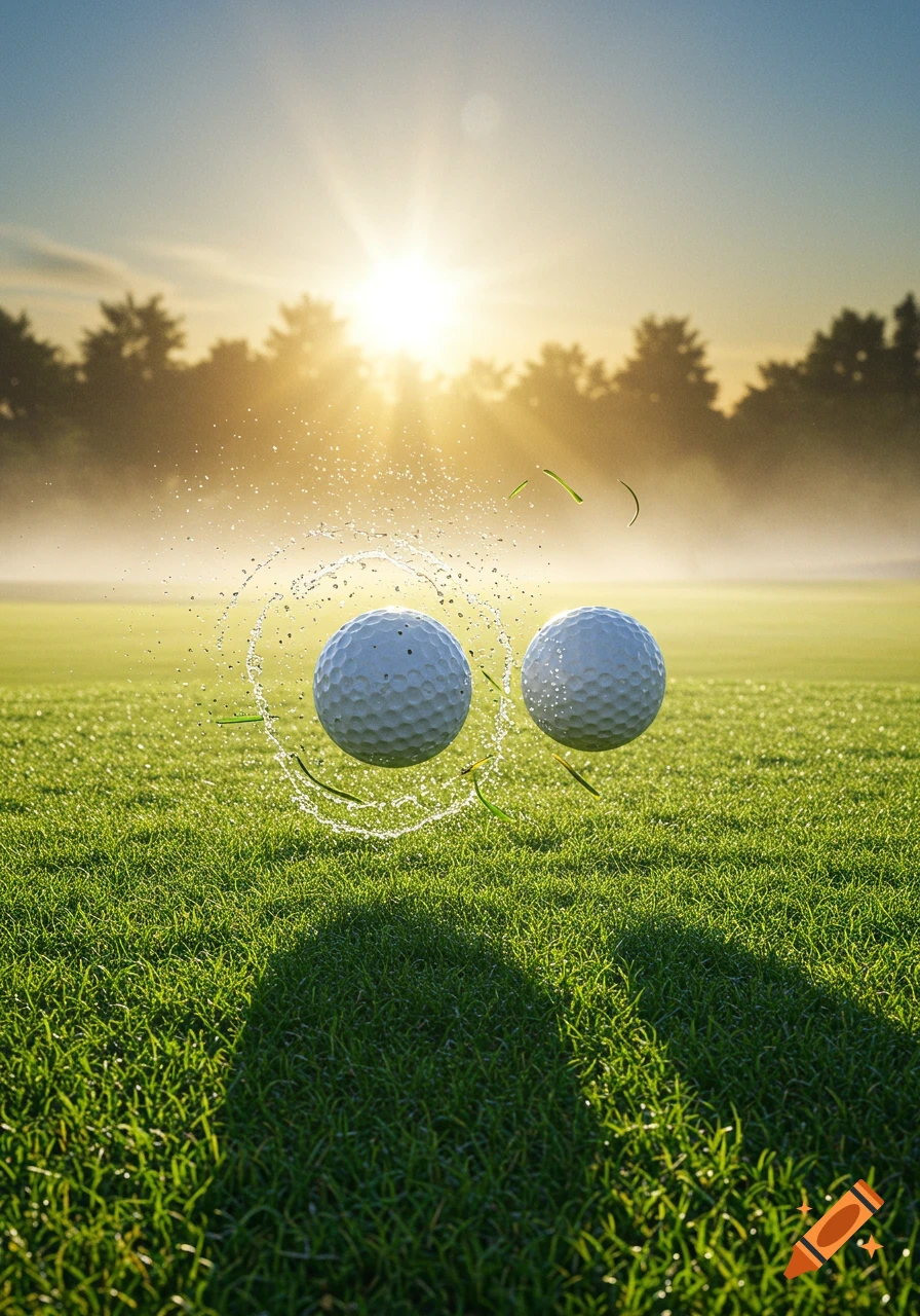 Two golf balls in mid-air with water and grass particles, over a golf ...