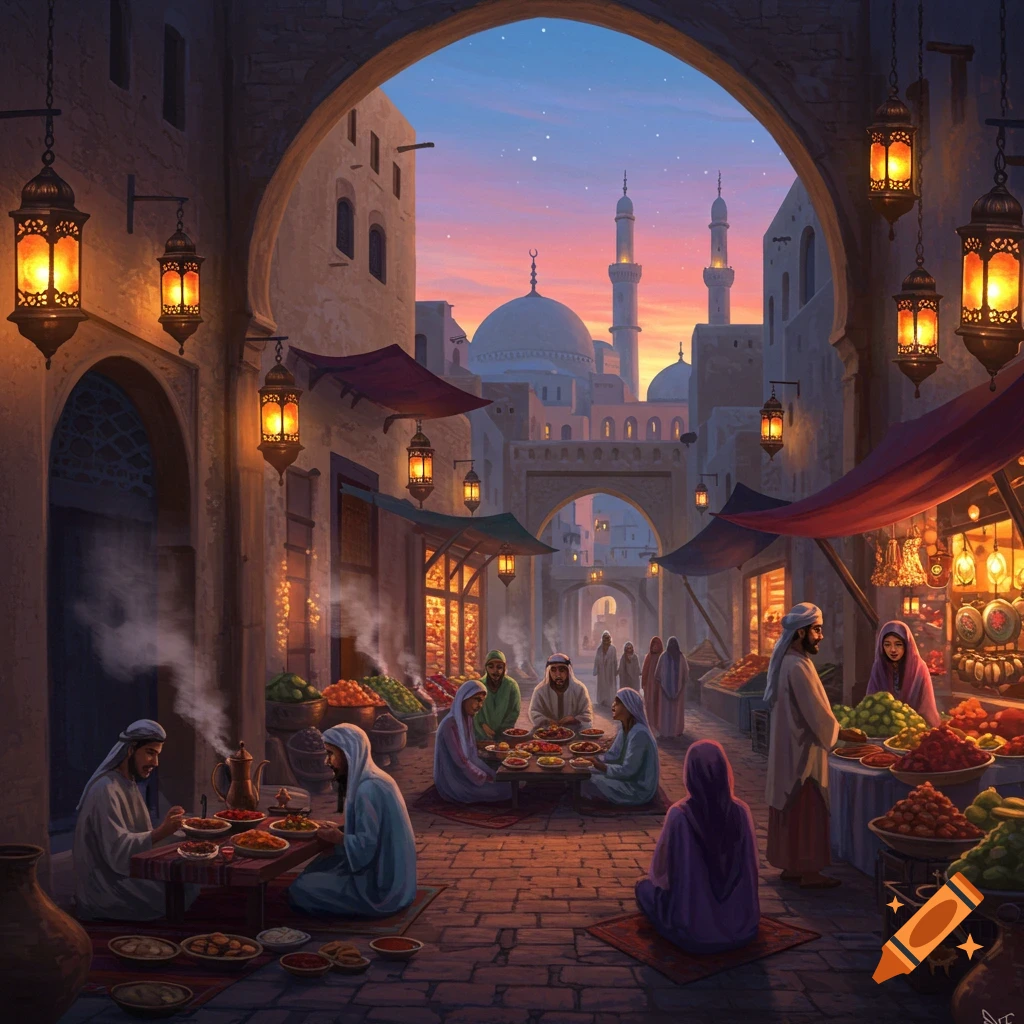 Stylized illustration of a bustling Middle Eastern street at twilight ...