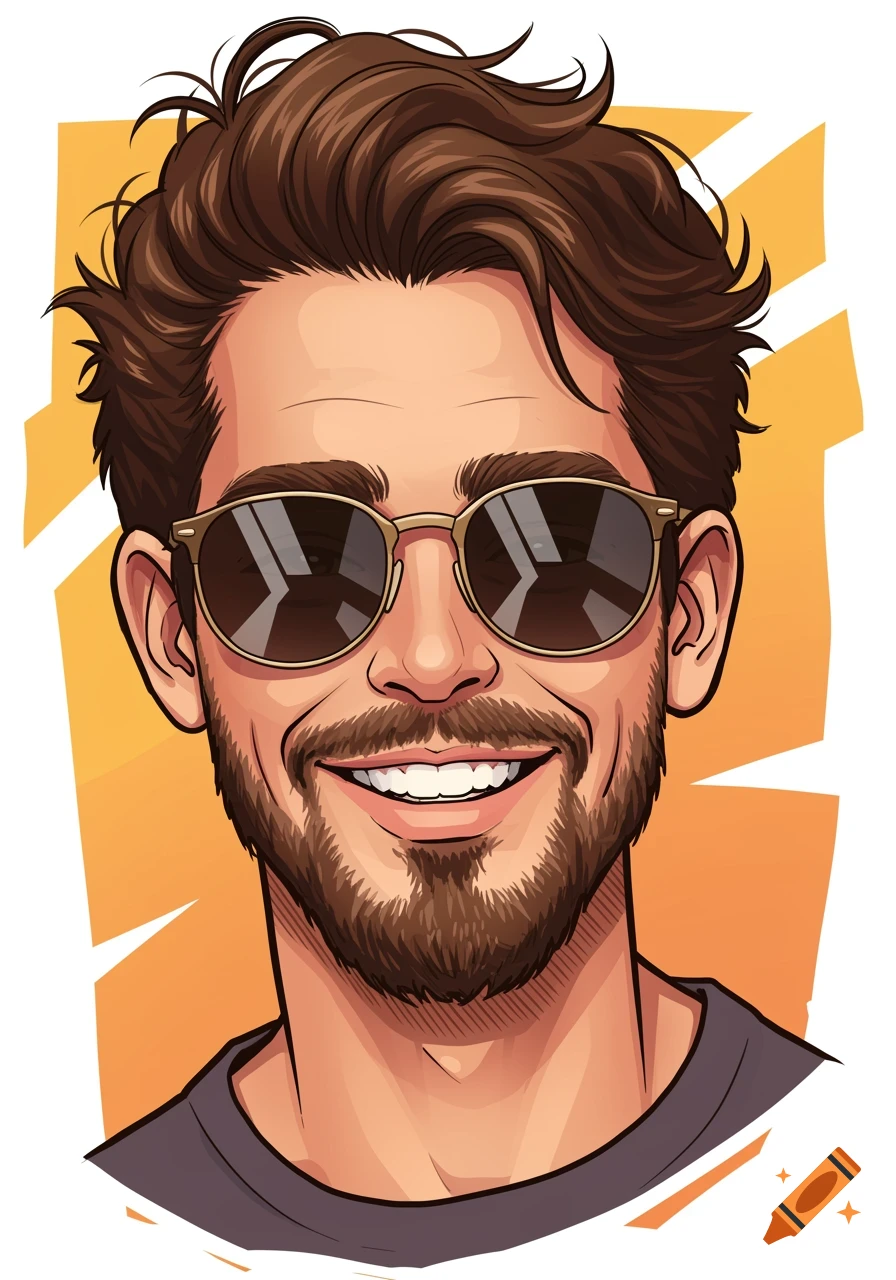 Cartoon portrait of a smiling man with brown hair, a short beard, and ...