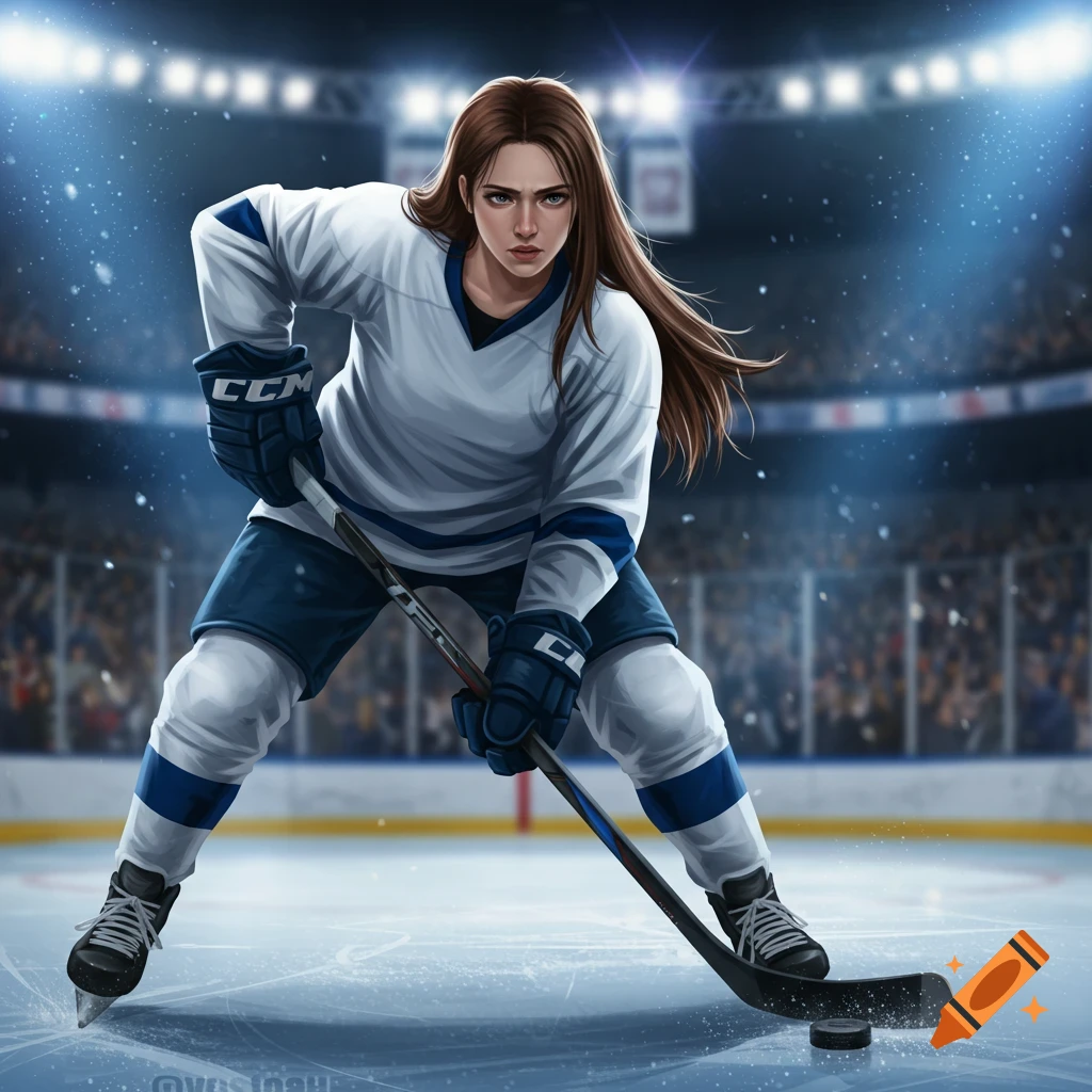 Crossed hockey sticks with a puck and orange ball on an ice rink under ...