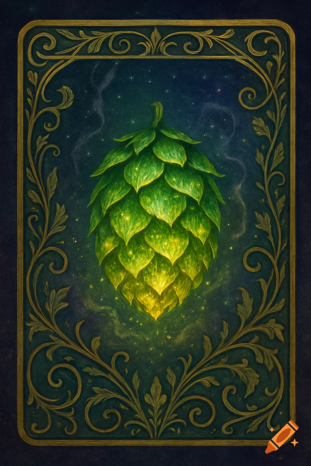 A vibrant green hop pellet glows in the center of an ornate, gold ...