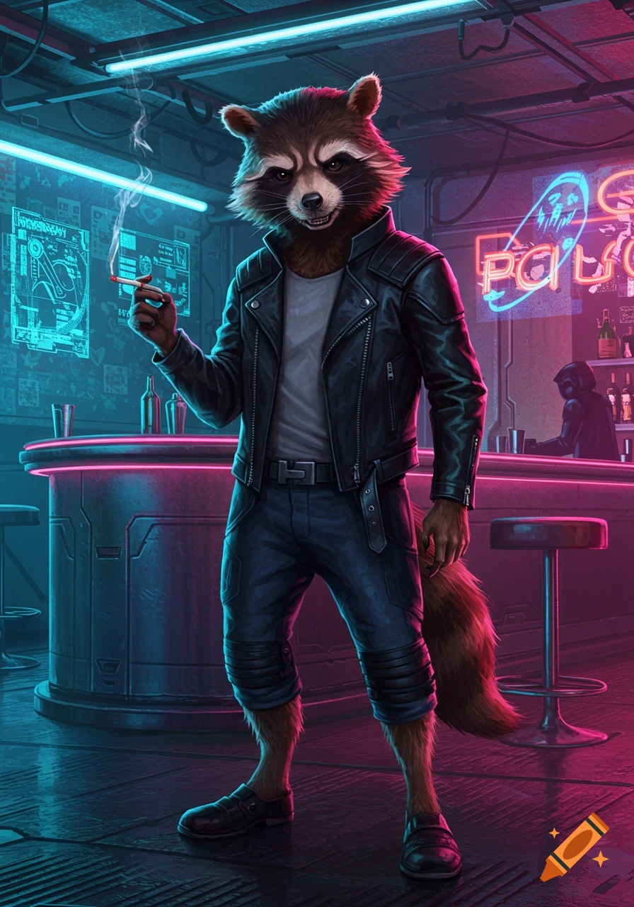 Rocket Raccoon in a black leather jacket and jeans, holding a cigarette ...