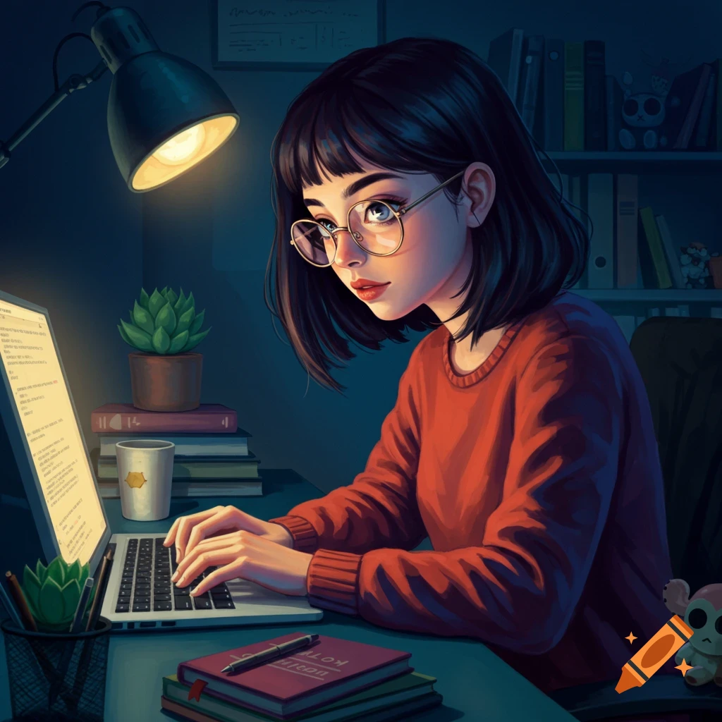 A digitally illustrated young girl with glasses and short dark hair ...