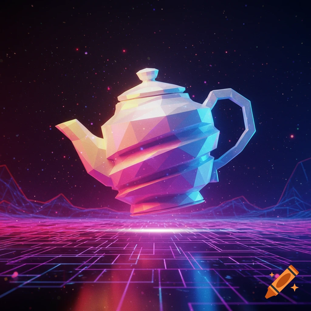 A glowing low-poly teapot floats above a neon grid in a dark, starry ...