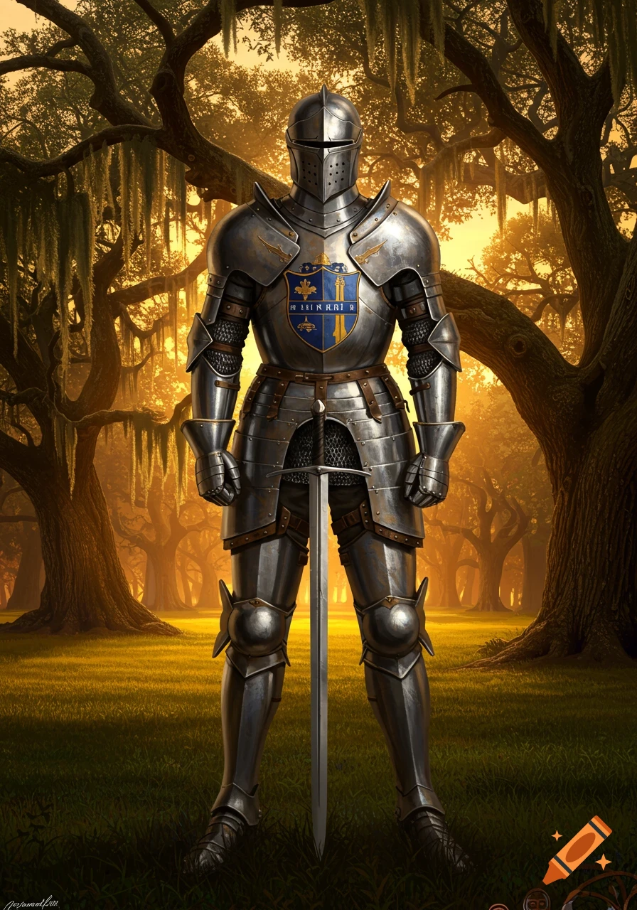 A photorealistic image of a knight in full plate armor holding a sword, standing in a sunlit ...