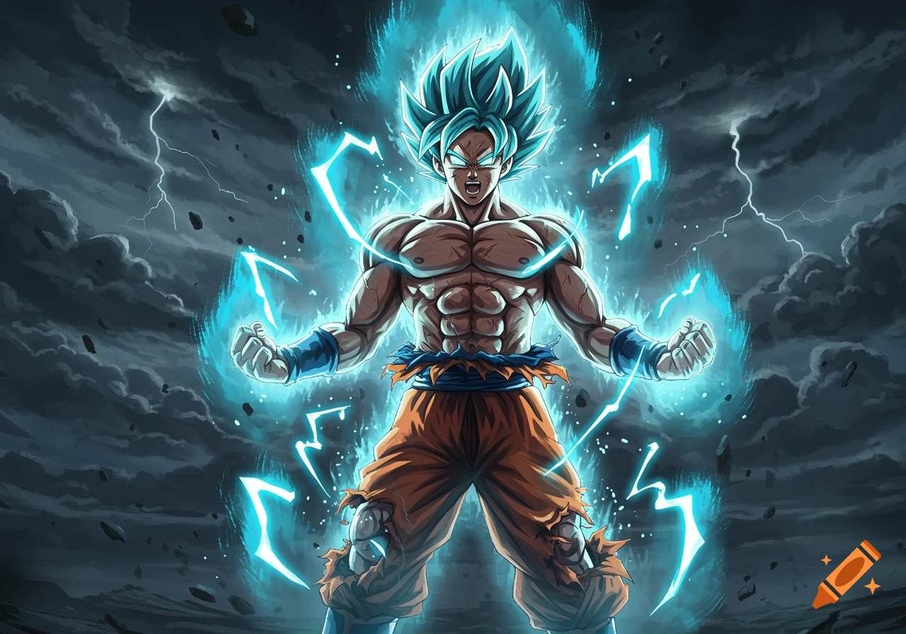 Goku in Super Saiyan form stands shirtless on a rocky outcrop ...