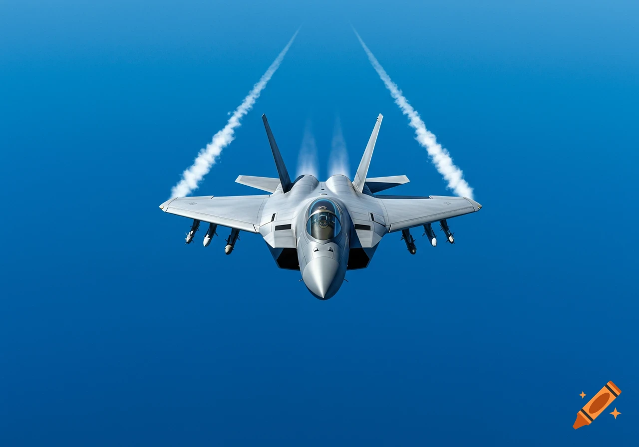 A grey fighter jet flies directly towards the viewer against a clear ...