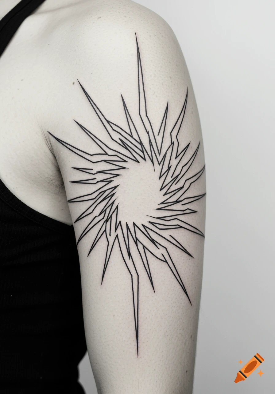 Close-up of an arm with a black abstract, jagged, minimalist line art ...