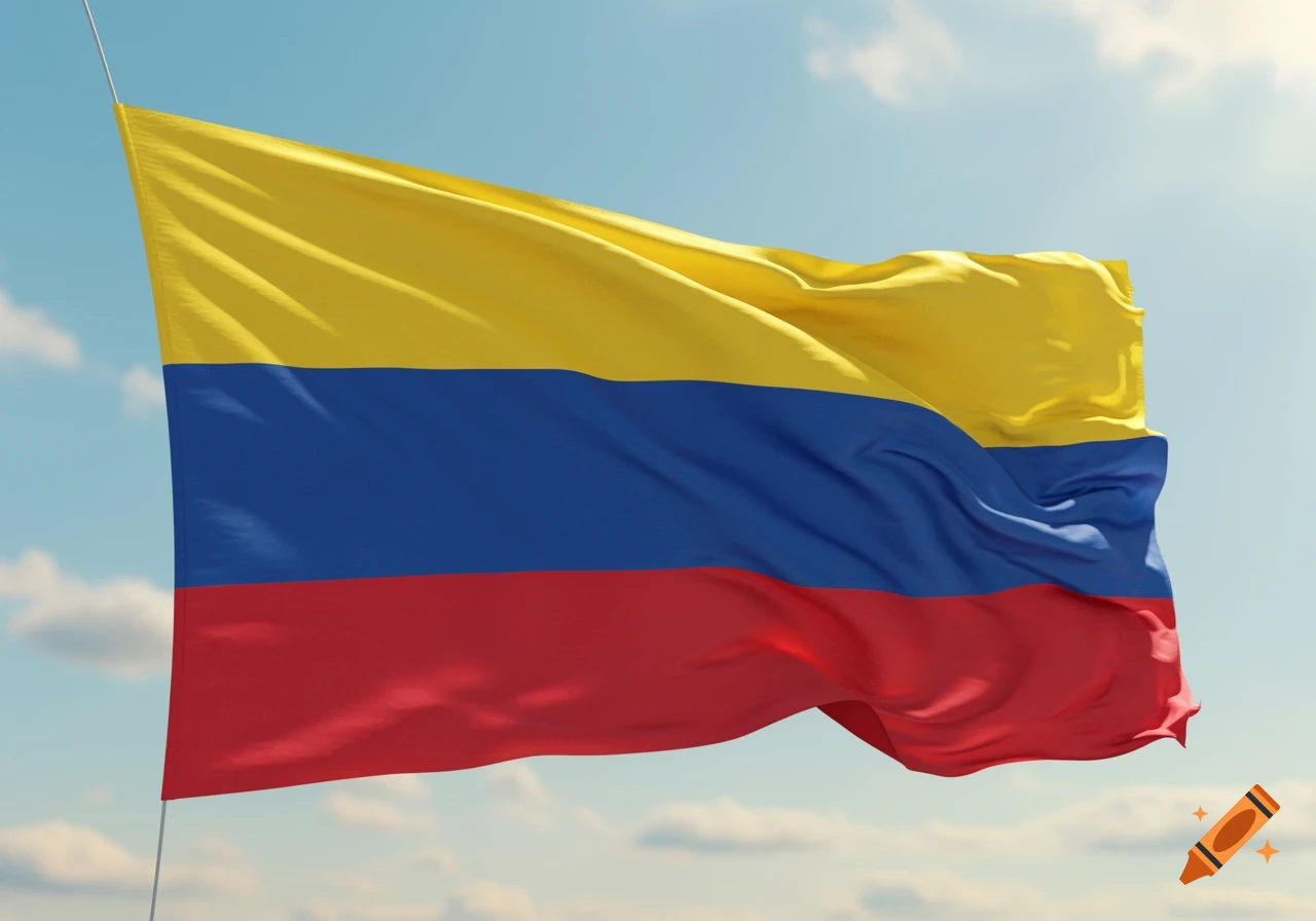 A red, yellow, and blue flag with a BGL logo waves on a flagpole in a ...