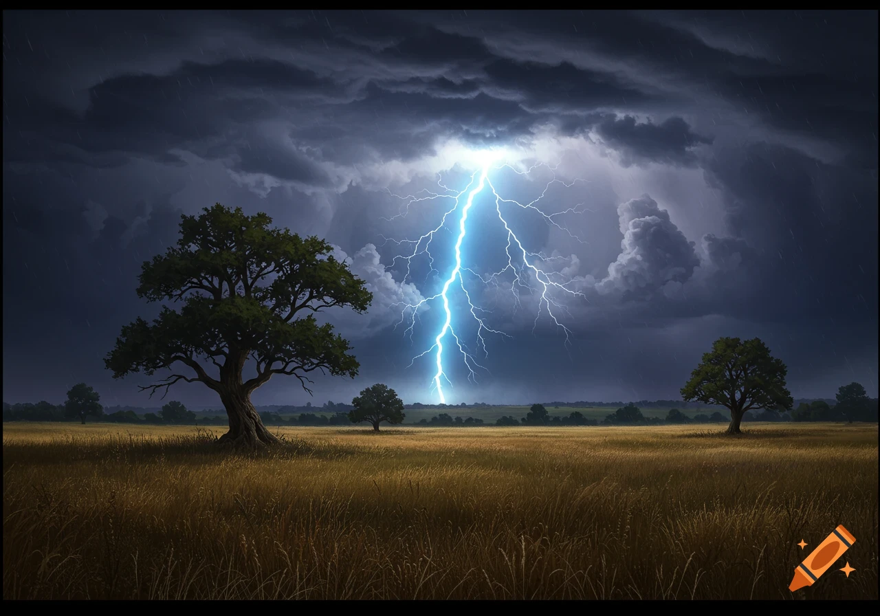 A dramatic lightning strike illuminates a stormy sky over a vast golden ...