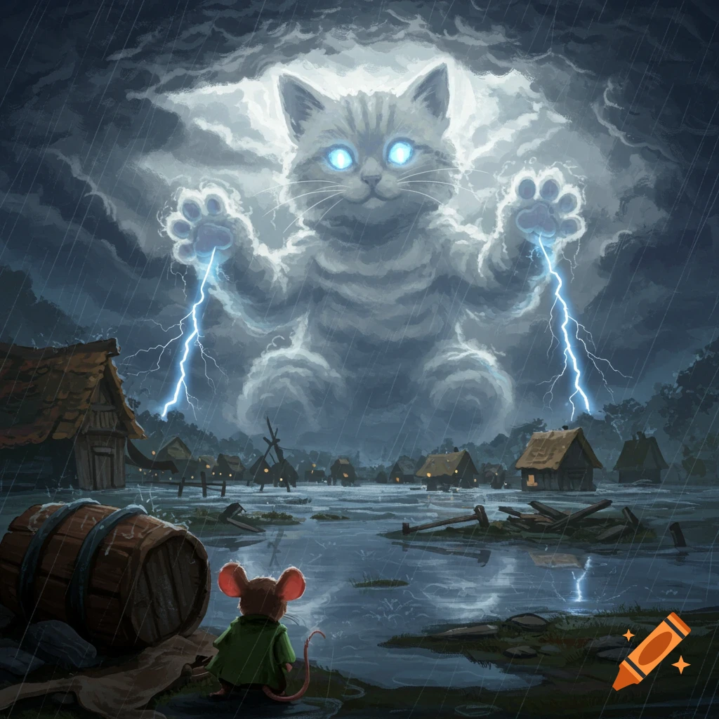 A giant, glowing-eyed cat made of storm clouds looms over a flooded ...