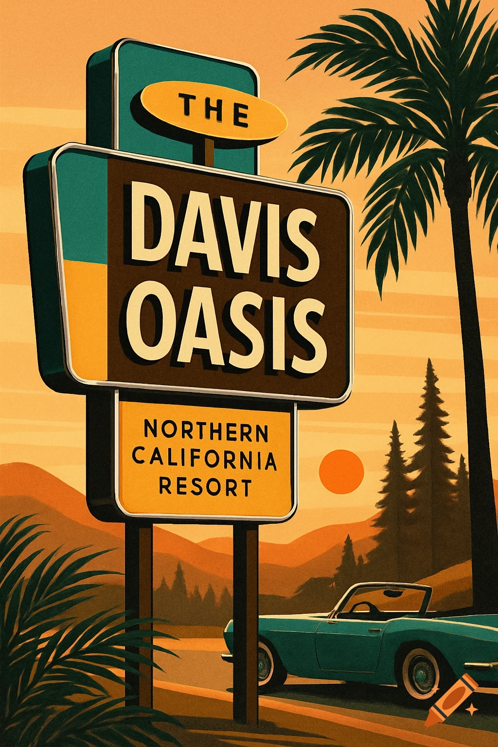 A retro-style travel poster for The Davis Oasis, featuring a large sign ...