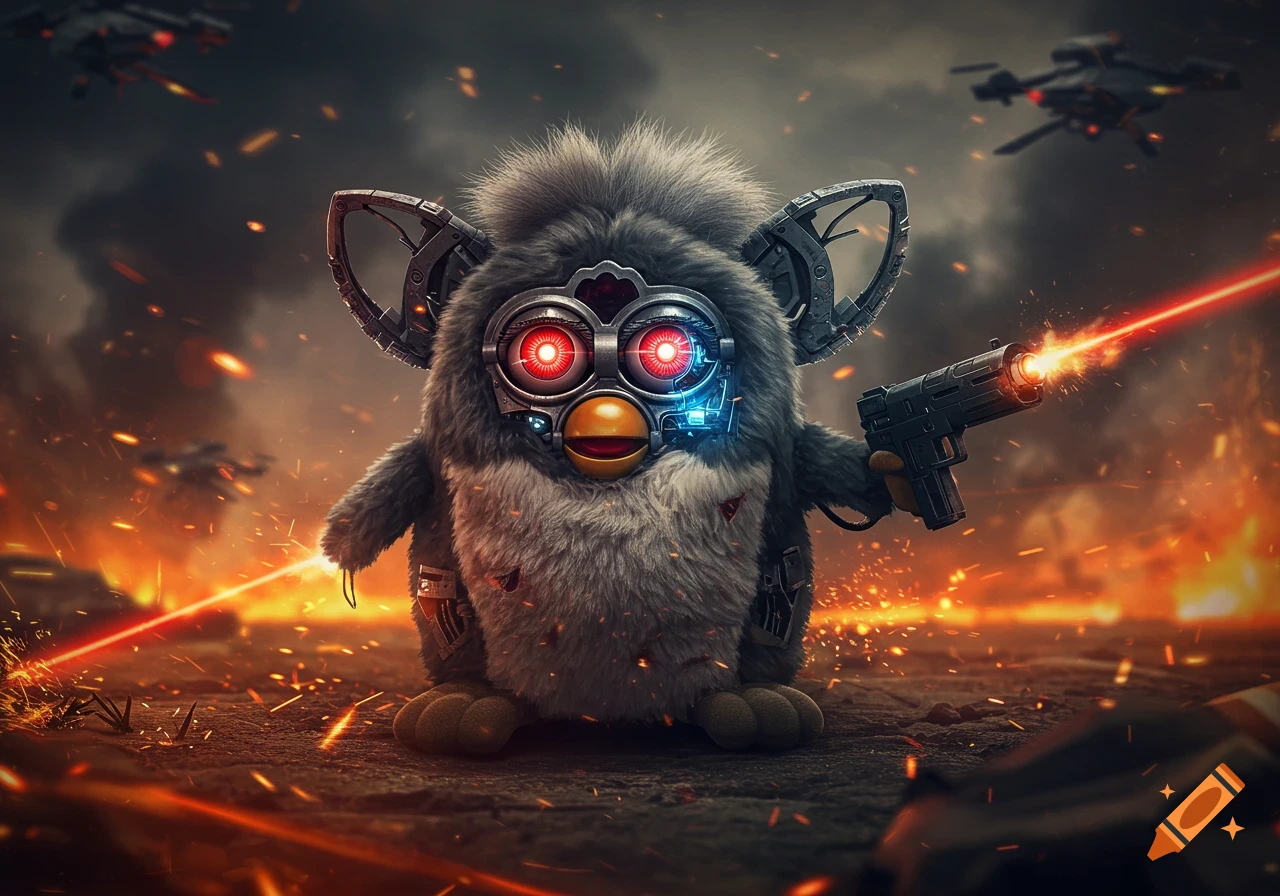 Photorealistic image of a robotic Furby holding a gun and firing a ...