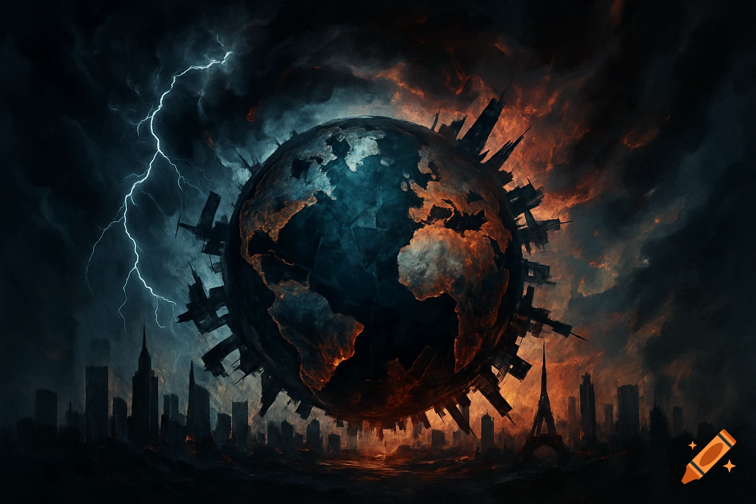 A dramatic shot of a sword made of claymore mines struck by lightning ...