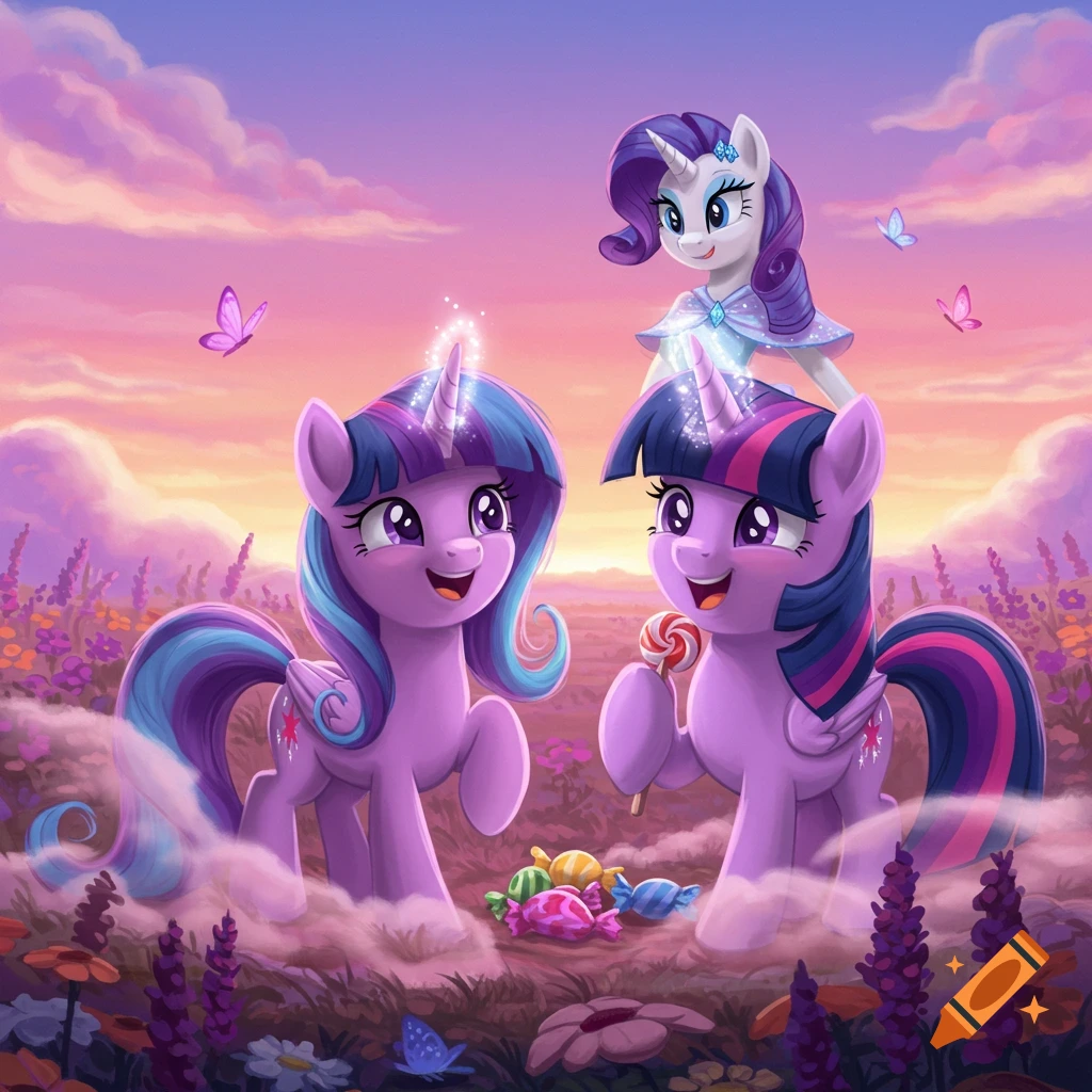 Two purple unicorn ponies and one white pegasus pony in a field with ...