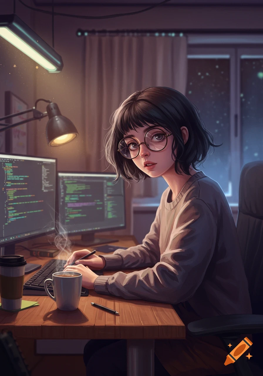 Anime illustration of a young woman coding on a computer at her desk in ...