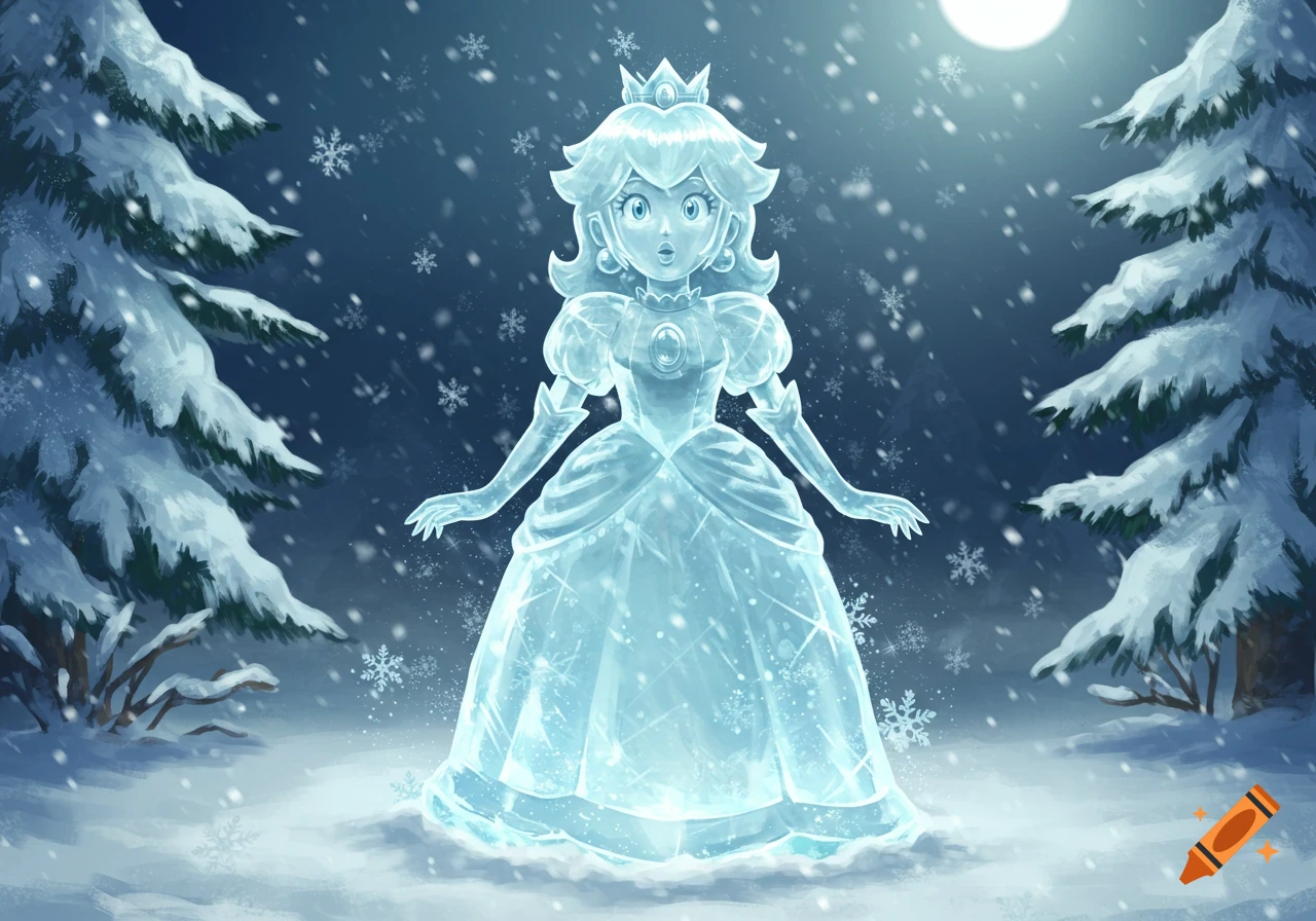 Princess Peach looks surprised as an ice dragon breathes a stream of ...