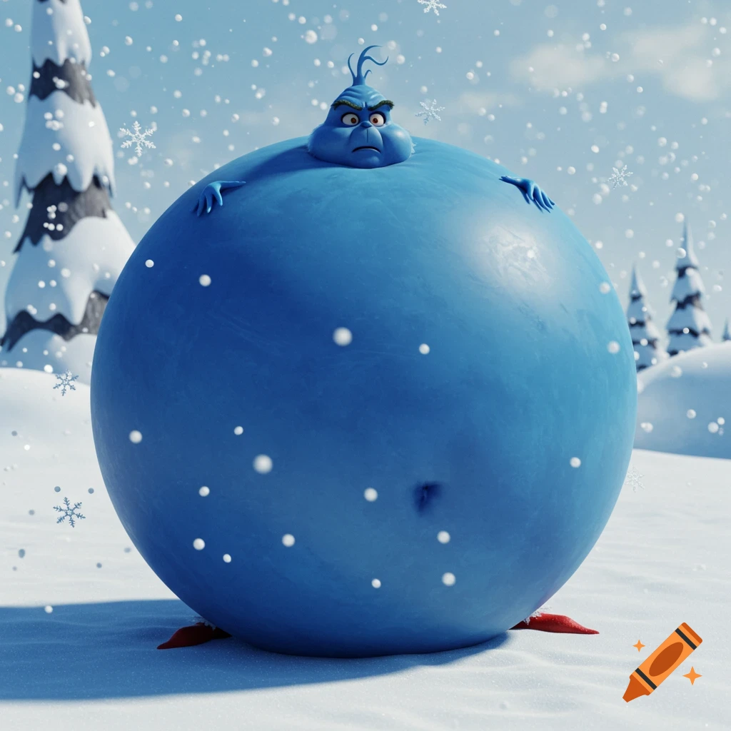 A 3D animated blue Grinch, inflated into a gigantic blueberry, looking ...