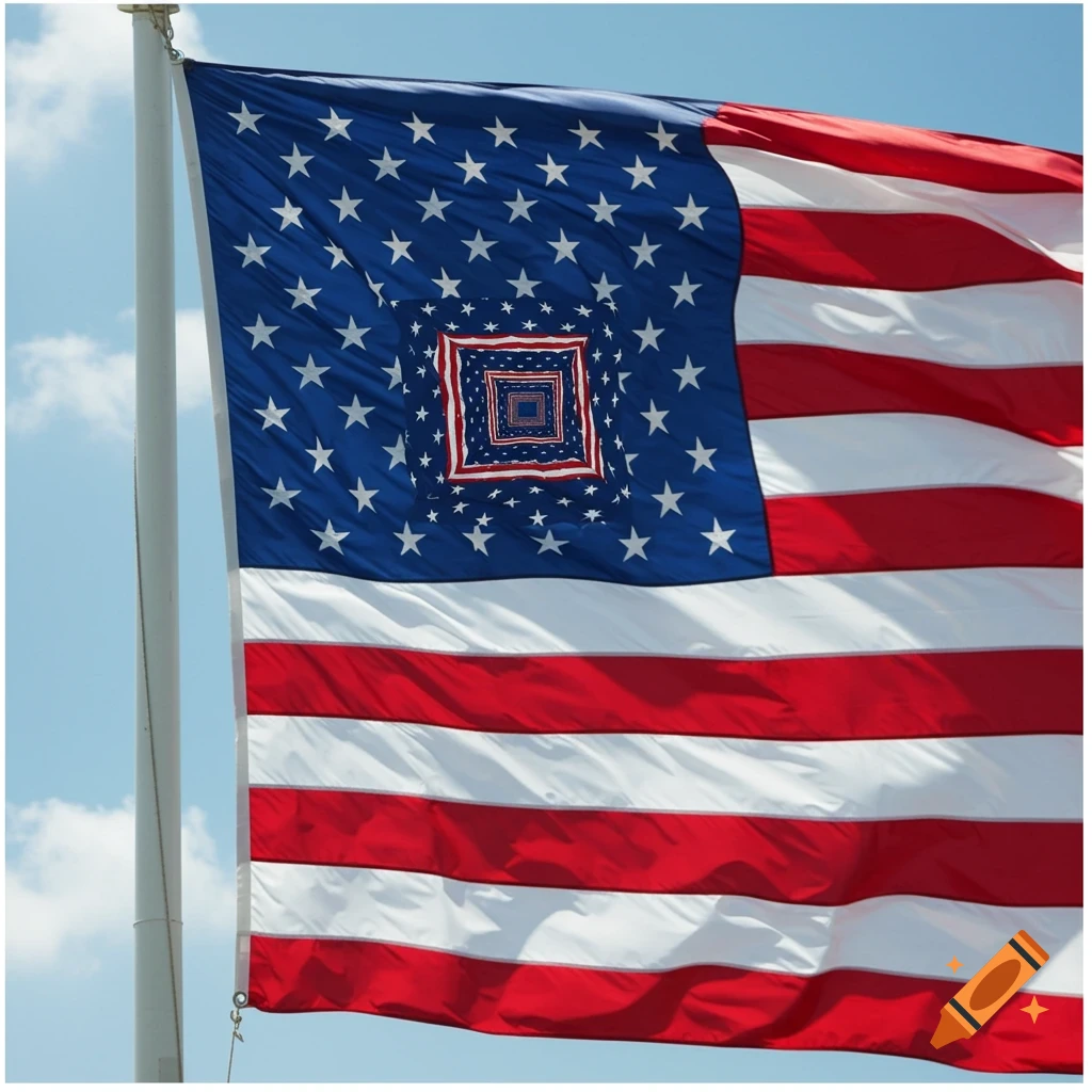 An American flag waves against a blue sky, with its blue canton ...