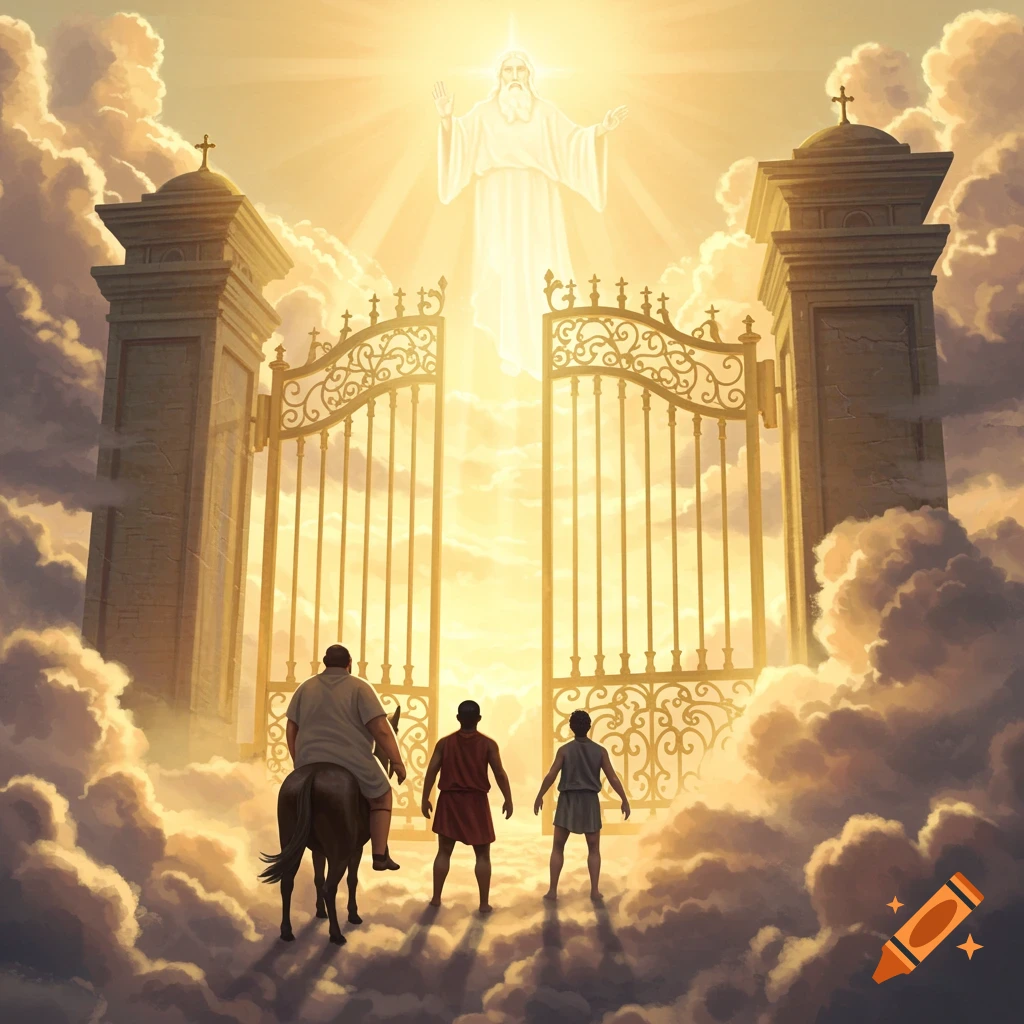 Three men and a horse approach open golden gates in the sky, bathed in ...